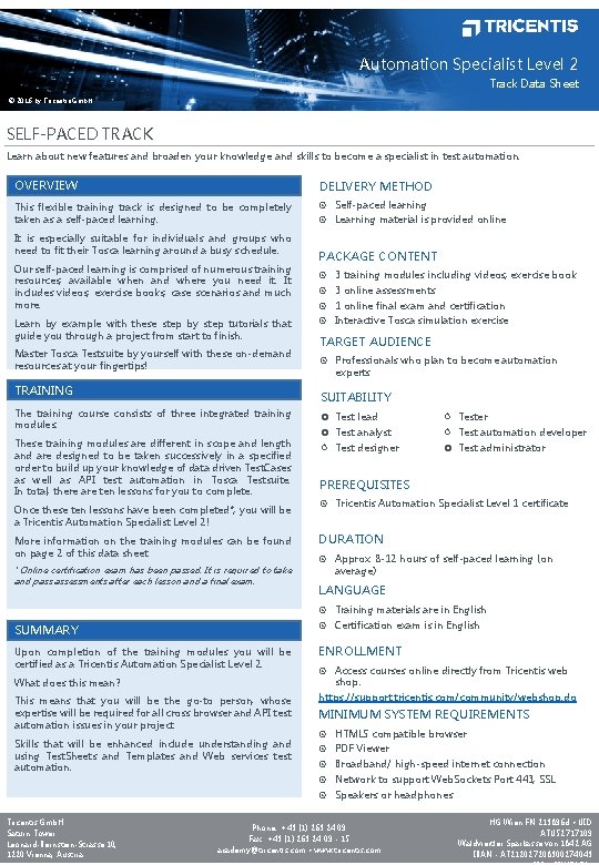 Automation Specialist Level 2 Track Data Sheet 2016