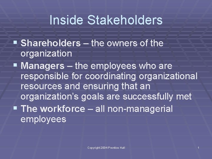 Inside Stakeholders Shareholders the owners of the organization