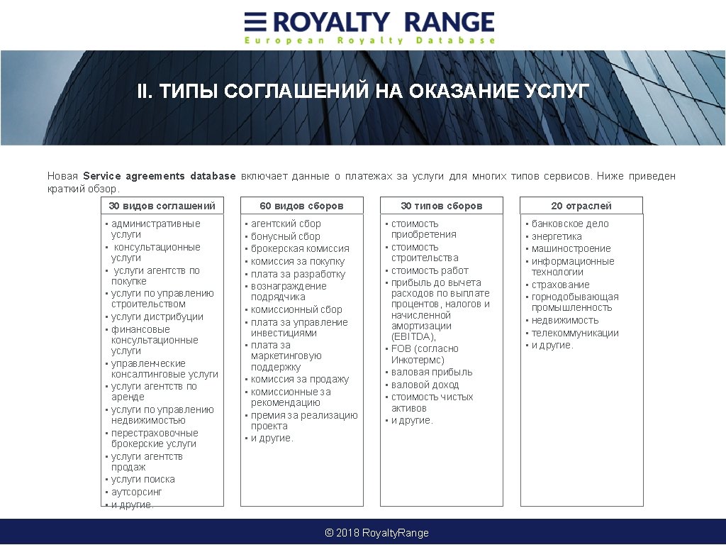 2018 Royalty Range I Data comparability factors Type
