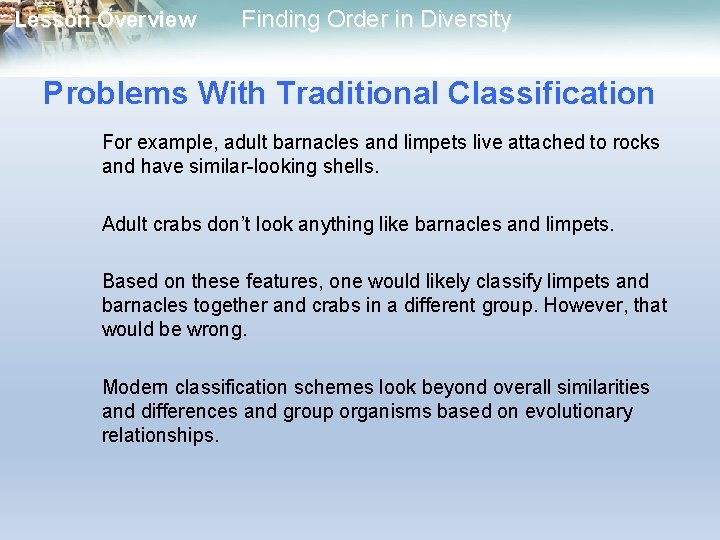 Lesson Overview Finding Order in Diversity Lesson Overview