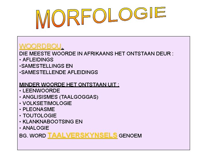 WOORDBOU DIE MEESTE WOORDE IN AFRIKAANS HET ONTSTAAN