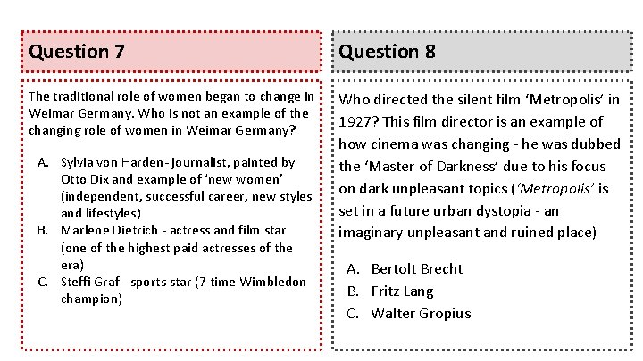 Knowledge test Culture in Weimar Germany Question 1