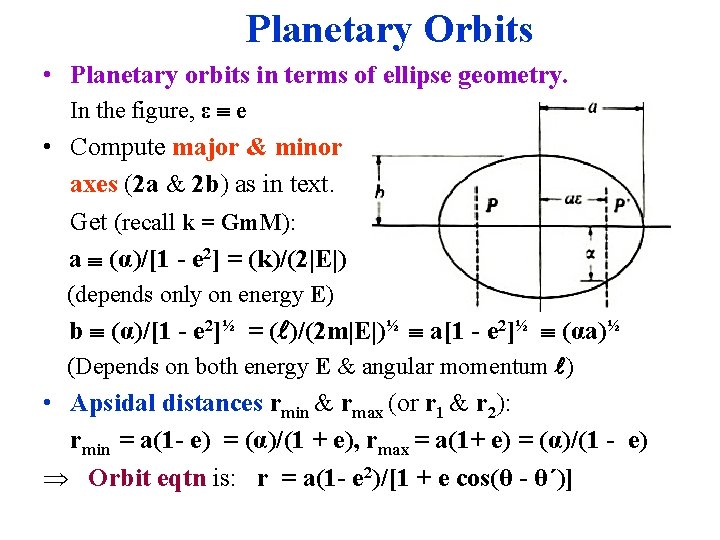 Planetary Orbits Planetary orbits in terms of ellipse