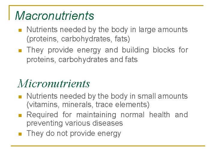 Macro and Micronutrients Carbohydrates Proteins Lipids Vitamins Minerals