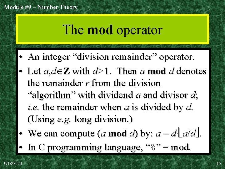 Module 9 Number Theory Module 9 Basic Number