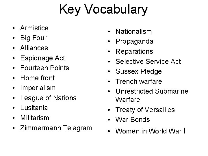 THE FIRST WORLD WAR 1914 1918 Key Vocabulary
