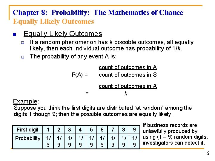 Chapter 8 Probability The Mathematics of Chance Lesson