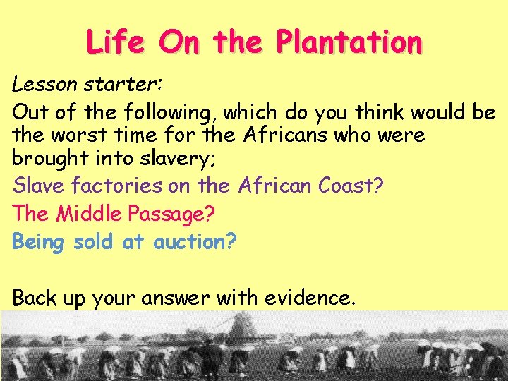 Life On the Plantation Lesson starter Out of