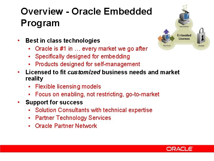 Overview Oracle Embedded Program Best in class technologies