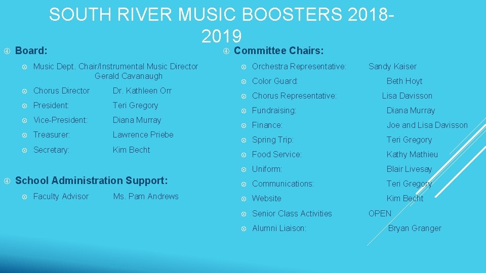 WELCOME TO THE SOUTH RIVER MUSIC BOOSTERS The