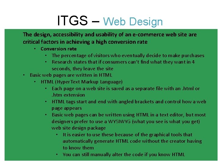 Business Notes More on Spreadsheets and Websites ITGS