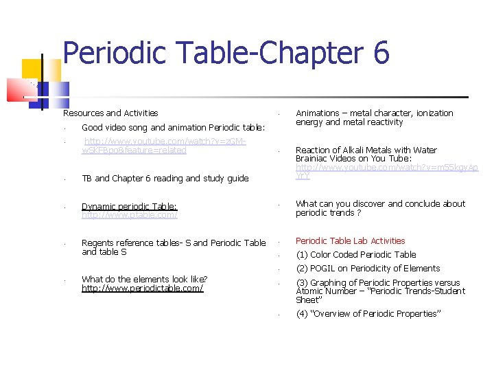 Periodic TableChapter 6 Resources and Activities Good video
