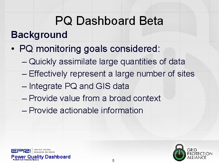 Overview Power Quality Dashboard Fred Elmendorf August 2014