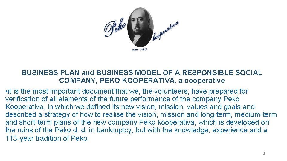 BUSINESS PLAN AND INNOVATIVE BUSINESS MODEL PEKO KOOPERATIVA