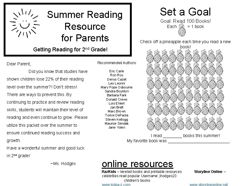 Set a Goal Summer Reading Resource for Parents