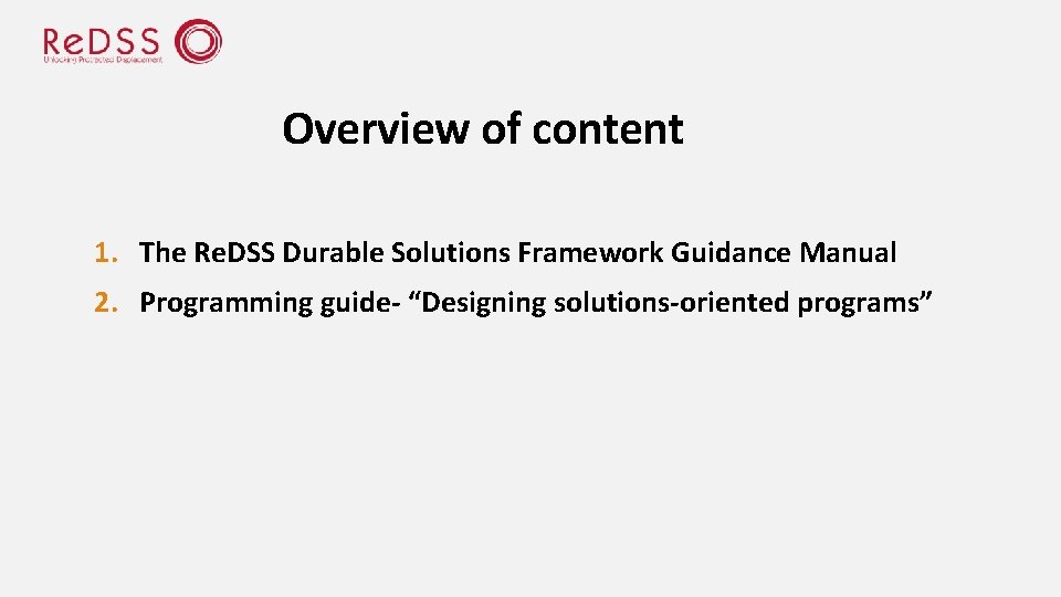 Re DSS Durable Solutions Framework tools Overview of