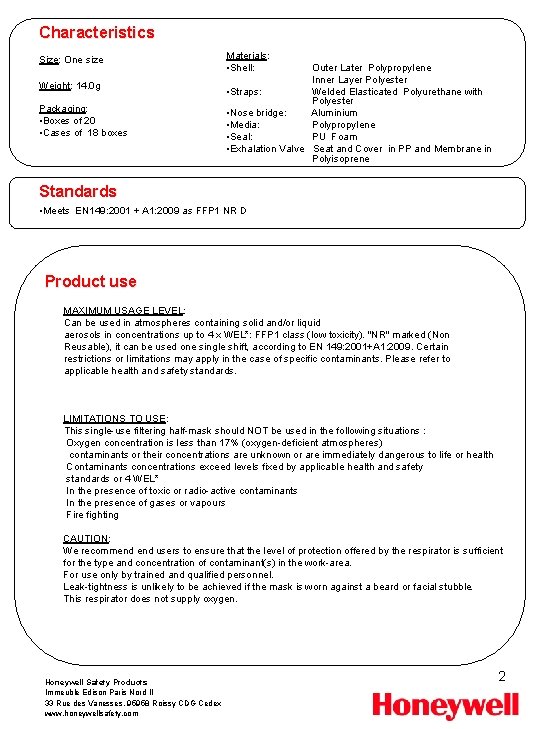 Product Datasheet Honeywell 800 Series SingleUse Respirators Honeywell