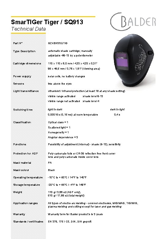 Smar TIGer Tiger SQ 913 Technical Data Part