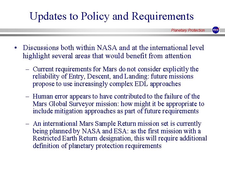 Planetary Protection at NASA Overview and Status Catharine