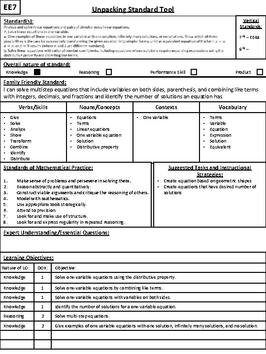 EE 7 Unpacking Standard Tool Vertical Standards 7