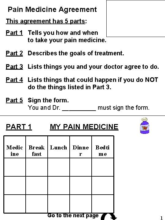 Pain Medicine Agreement This agreement has 5 parts