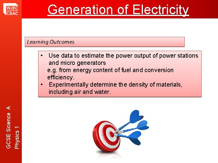 Generation of Electricity Learning Outcomes Physics 1 GCSE