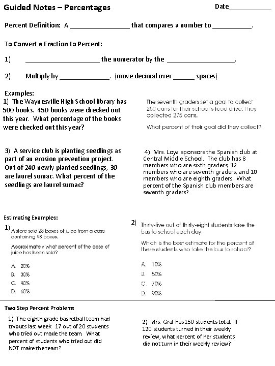 Guided Notes Percentages Date Percent Definition A that
