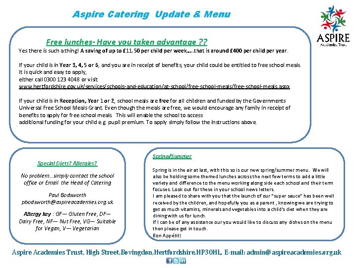 Aspire Catering Update Menu Free lunches Have you