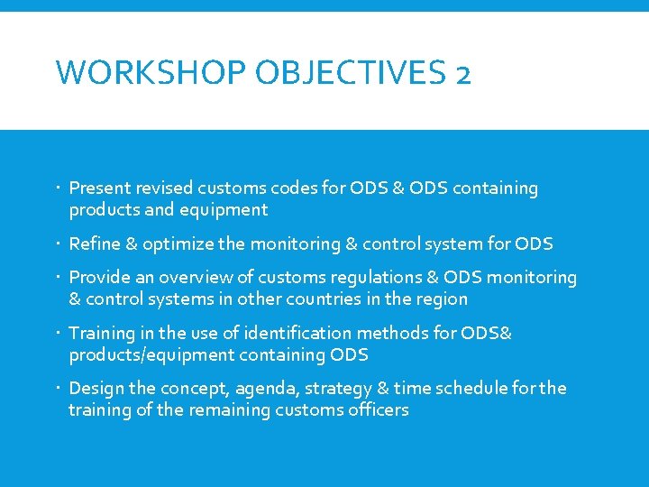 CUSTOMS AND ENFORCEMENT TRAINING ON ODS WORKSHOP OBJECTIVES