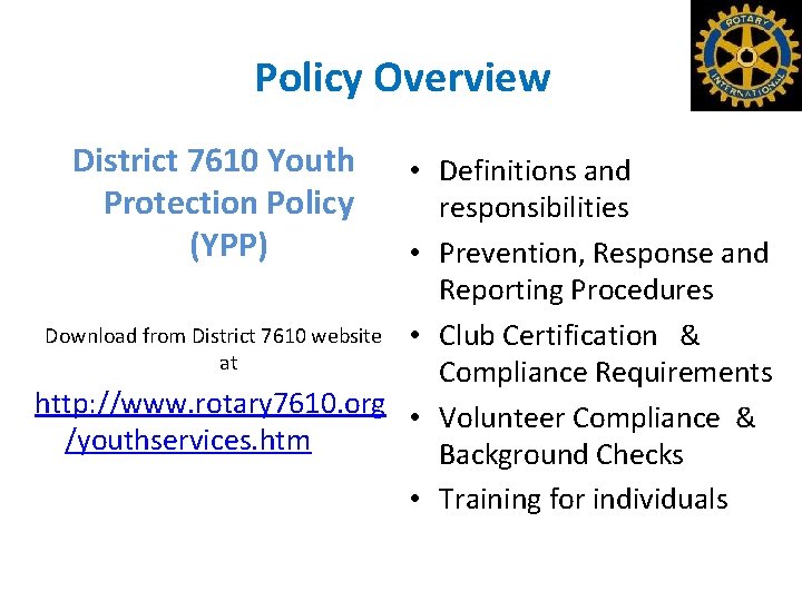 Rotary District 7610 Youth Protection Policy Implementation Overview