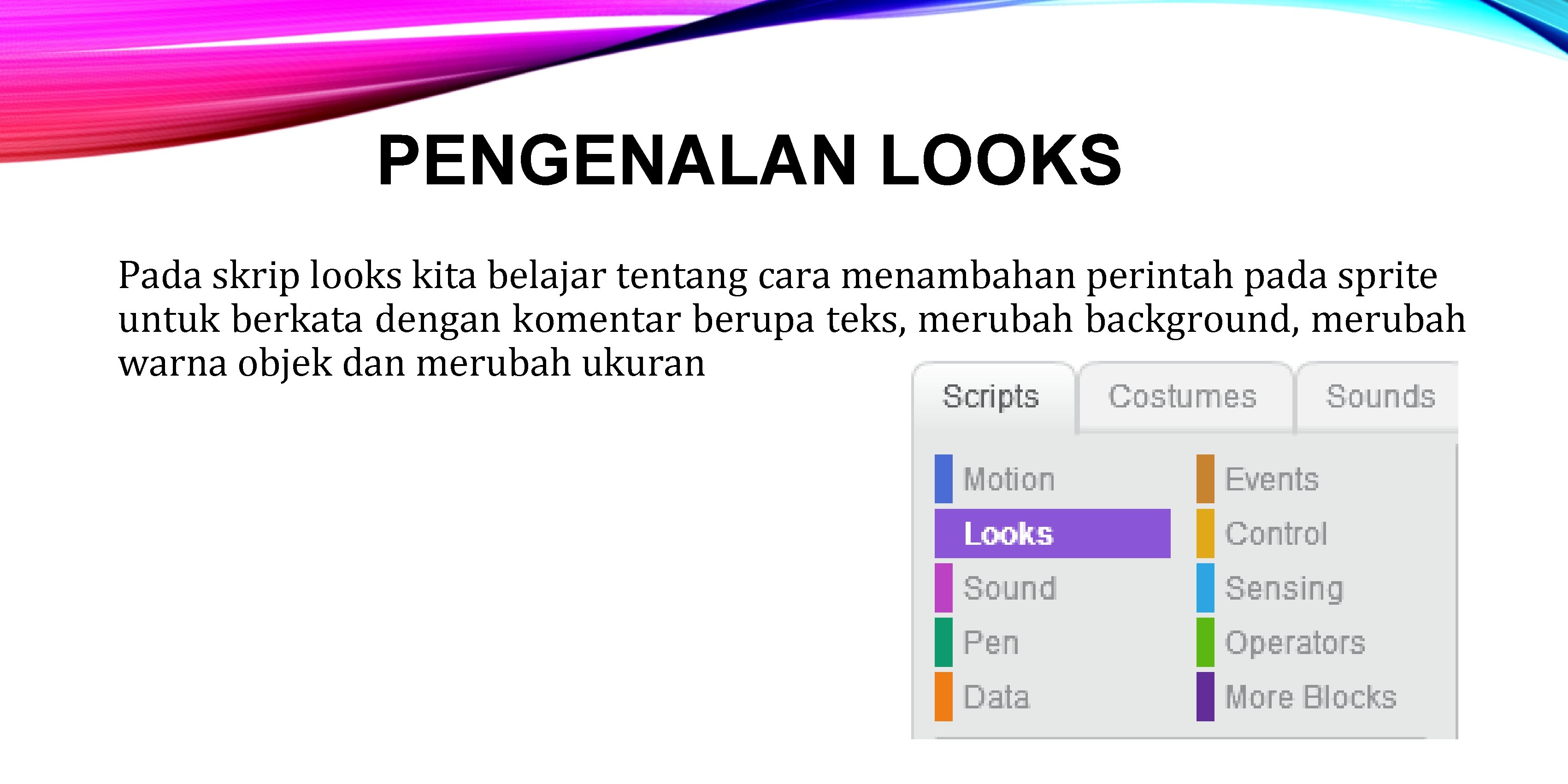 ALGORITMA PEMROGRAMAN 1 SCRATCH Looks PENGENALAN LOOKS Pada
