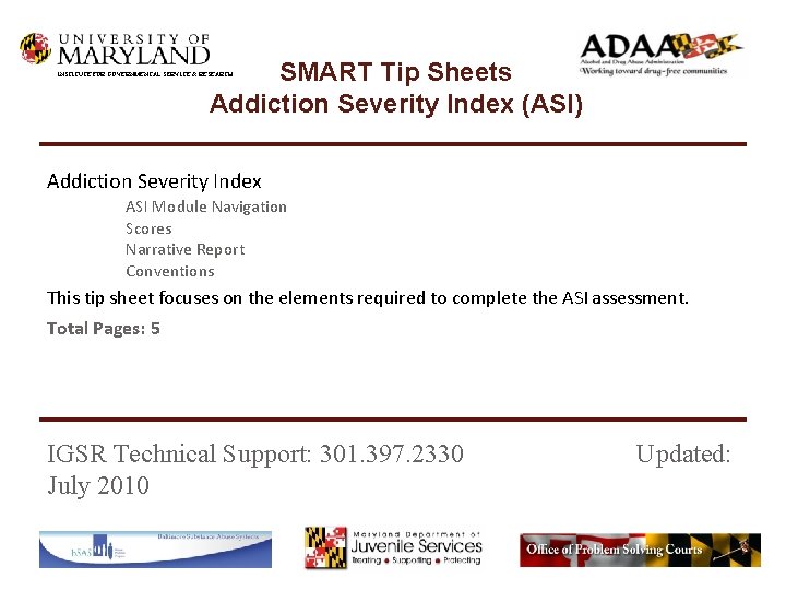 SMART Tip Sheets Addiction Severity Index ASI INSTITUTE