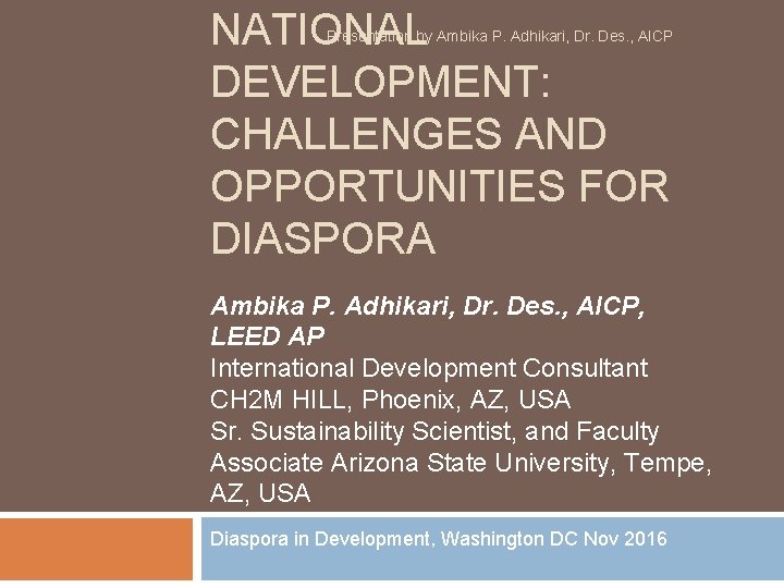 NATIONAL DEVELOPMENT CHALLENGES AND OPPORTUNITIES FOR DIASPORA Presentation