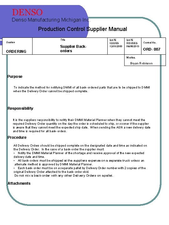 DENSO Denso Manufacturing Michigan Inc Production Control Supplier