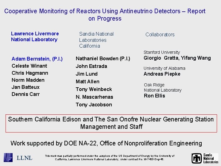 Cooperative Monitoring of Reactors Using Antineutrino Detectors Report