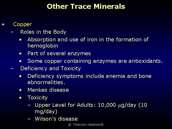The Trace Minerals ThomsonWadsworth Overview Food Sources Depends