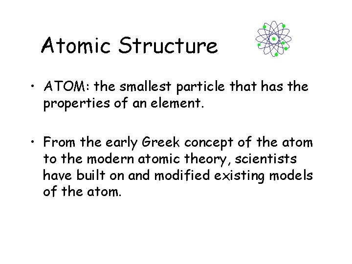 Atomic Structure ATOM the smallest particle that has