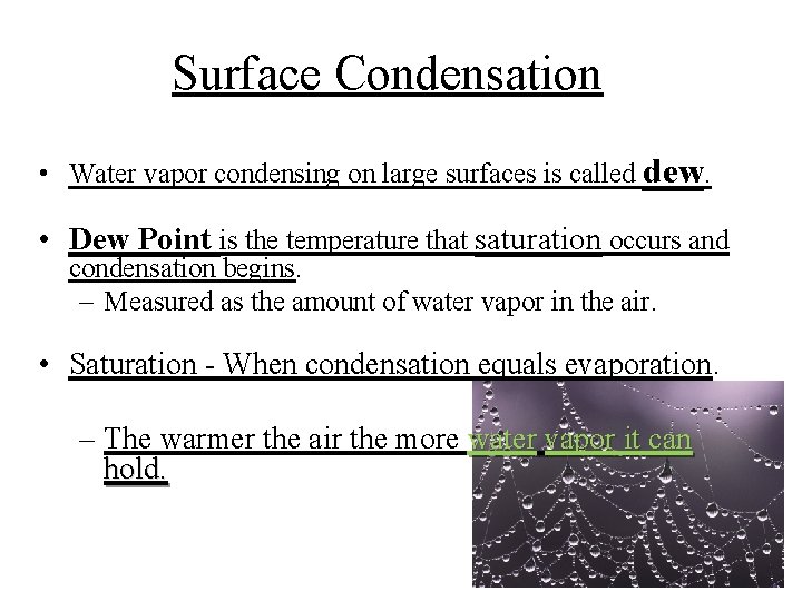 Surface Condensation Water vapor condensing on large surfaces