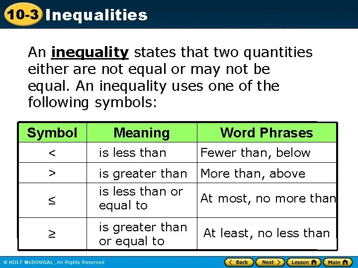 10 3 Inequalities An inequality states that two