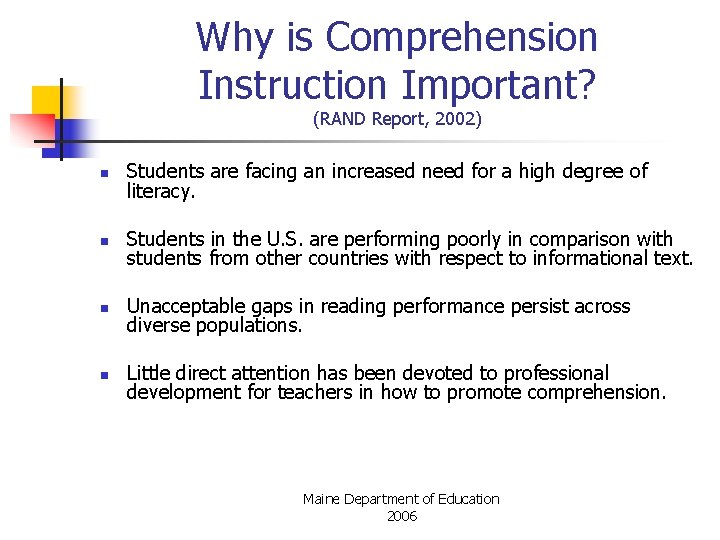 Maine Reading First Course Session 15 Comprehension Research