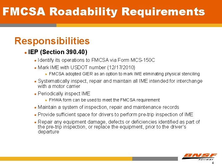 BNSF Railway DOT FMCSA Roadability Requirements Review December