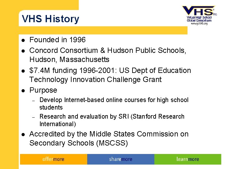 Virtual High School VHS History l l Founded