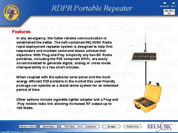 RDPR Portable Repeater PREVIOUS NEXT Main Menu Exit