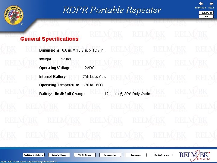 RDPR Portable Repeater PREVIOUS NEXT Main Menu Exit