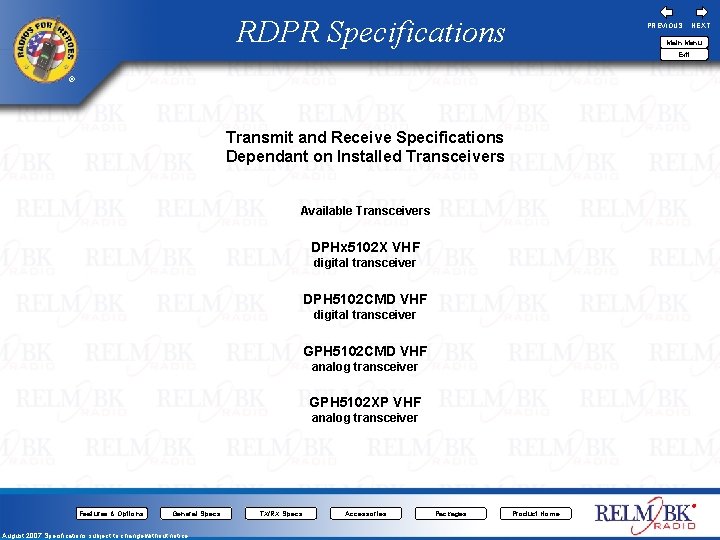 RDPR Portable Repeater PREVIOUS NEXT Main Menu Exit