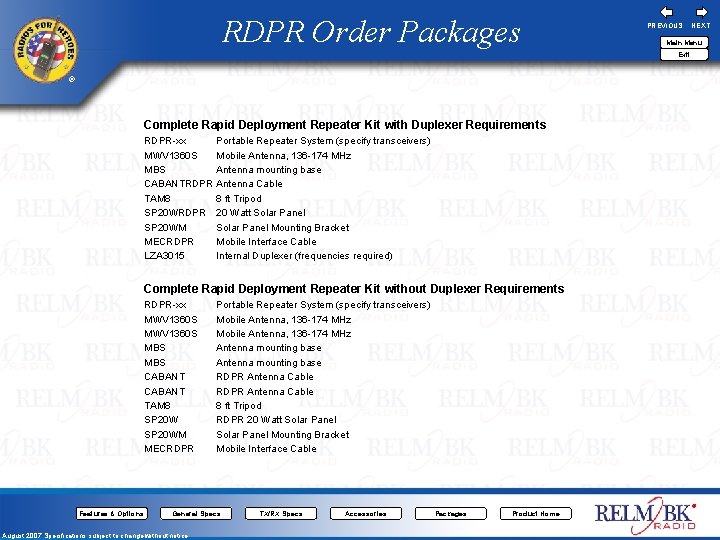 RDPR Portable Repeater PREVIOUS NEXT Main Menu Exit