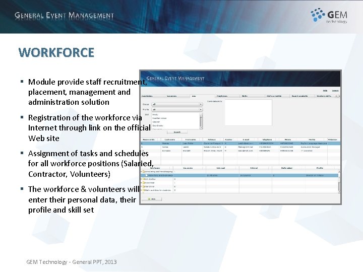 GEM General Event Management AGENDA GEM TECHNOLOGY IMPACT
