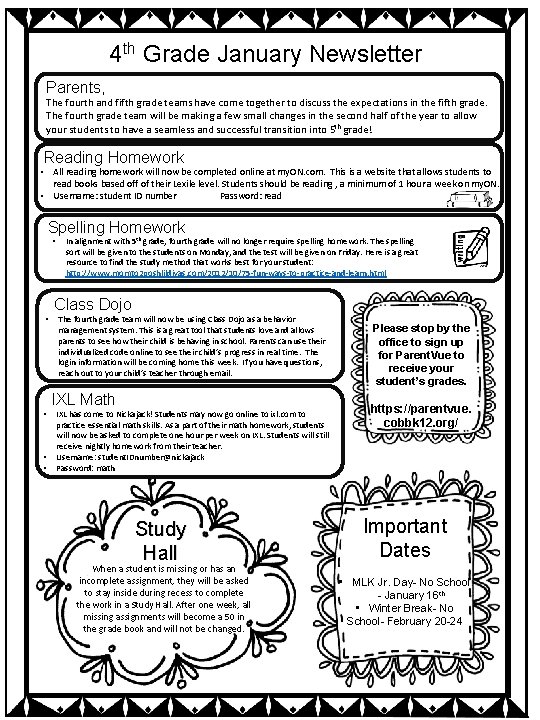 4 th Grade January Newsletter Parents The fourth