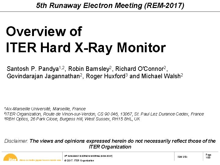5 th Runaway Electron Meeting REM2017 Overview of
