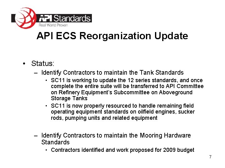 API ECS Reorganization Update David Miller PE F